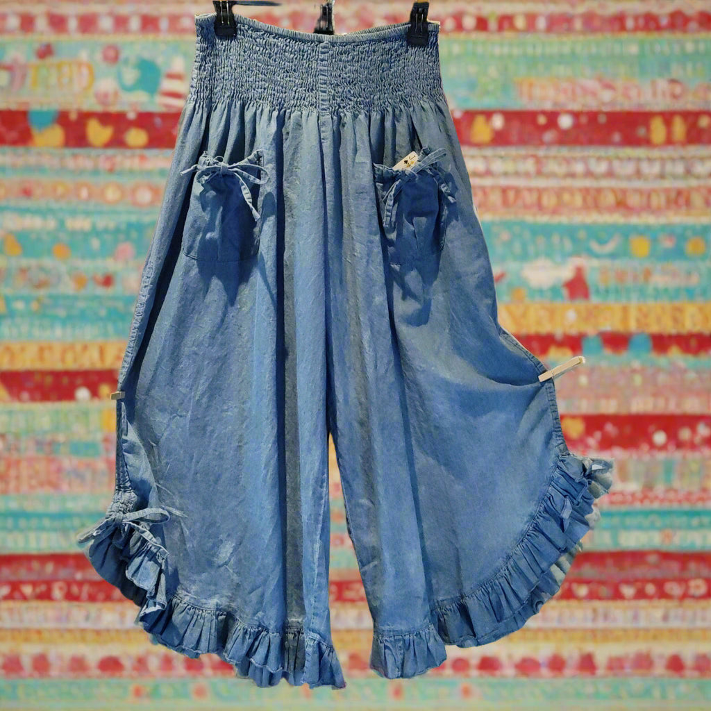 Classic Denim Bloomer Pants with Ruffled Hem - Comfortable Wide-Leg ...